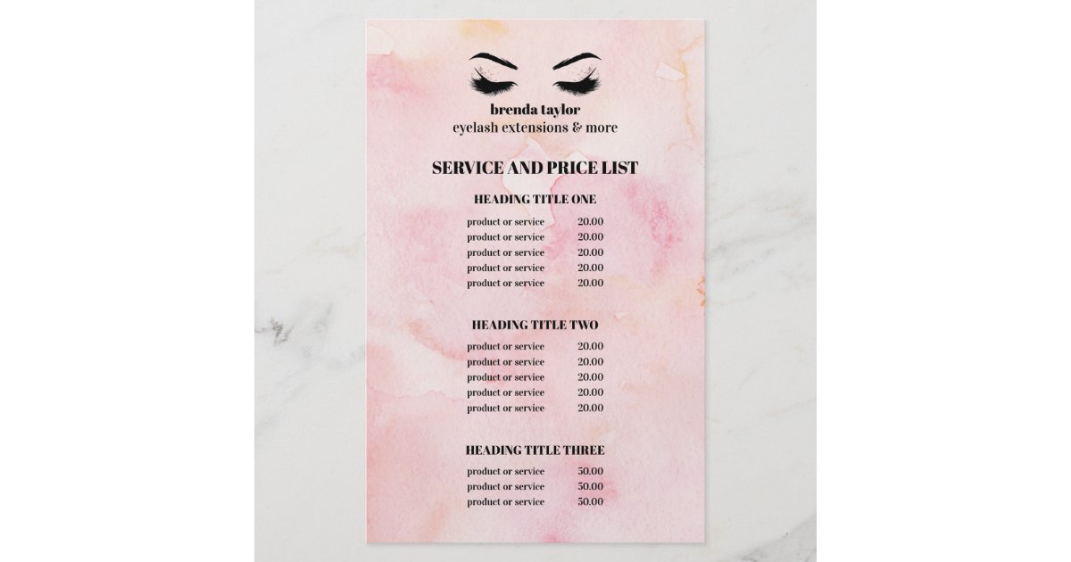 Glam watercolor pink EYELASH SALON SERVICE LIST Flyer | Zazzle