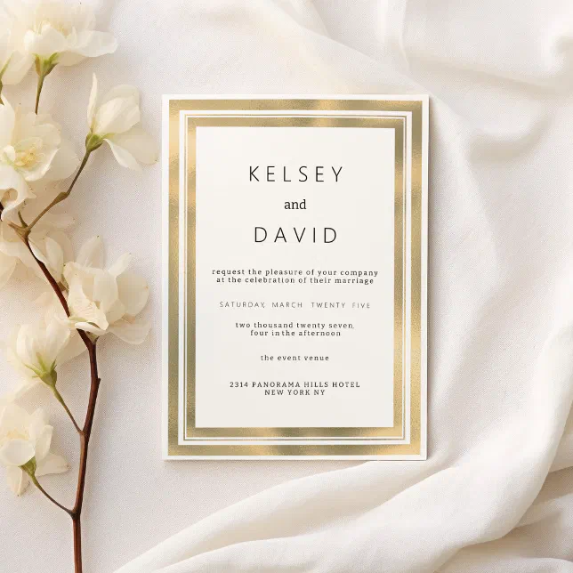 Glam white gold geometric frame elegant wedding invitation | Zazzle