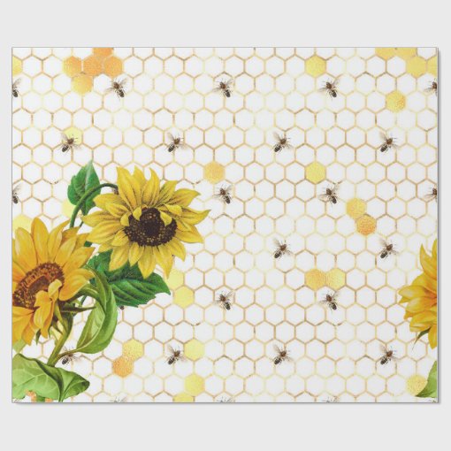 Glam Yellow Sunflower Gold Honeycomb Bees Wrapping Paper | Zazzle