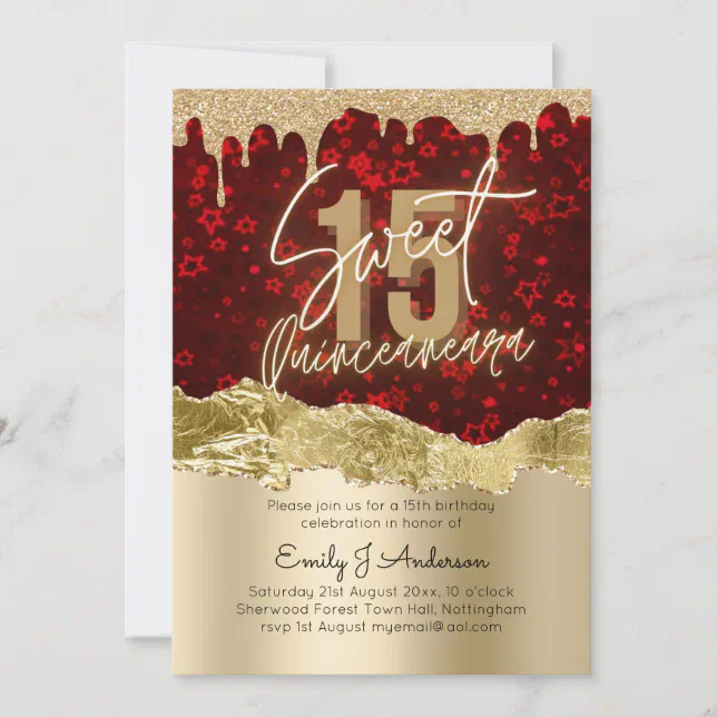 Glamor Red Gold Foil Glitter Quinceanera 15th Invitation | Zazzle