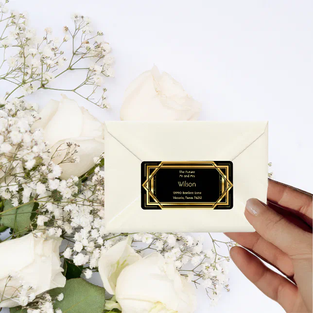 Glamorous Art Deco Gold Black Wedding Address Label | Zazzle