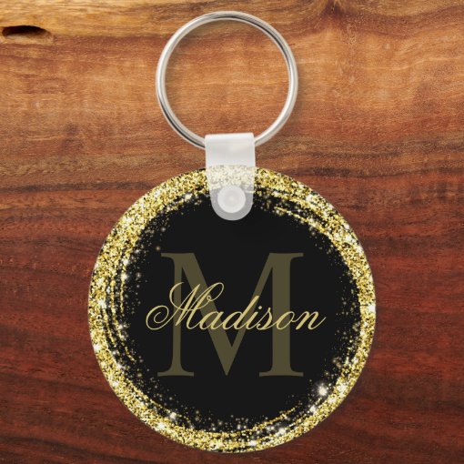 Glamorous Black Gold Glitter Monogram Name Keychain | Zazzle