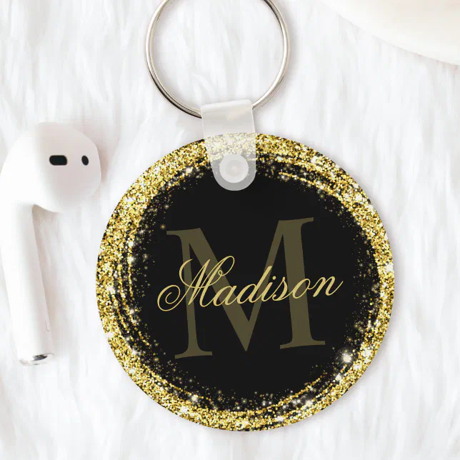 Glamorous Black Gold Glitter Monogram Name Keychain | Zazzle