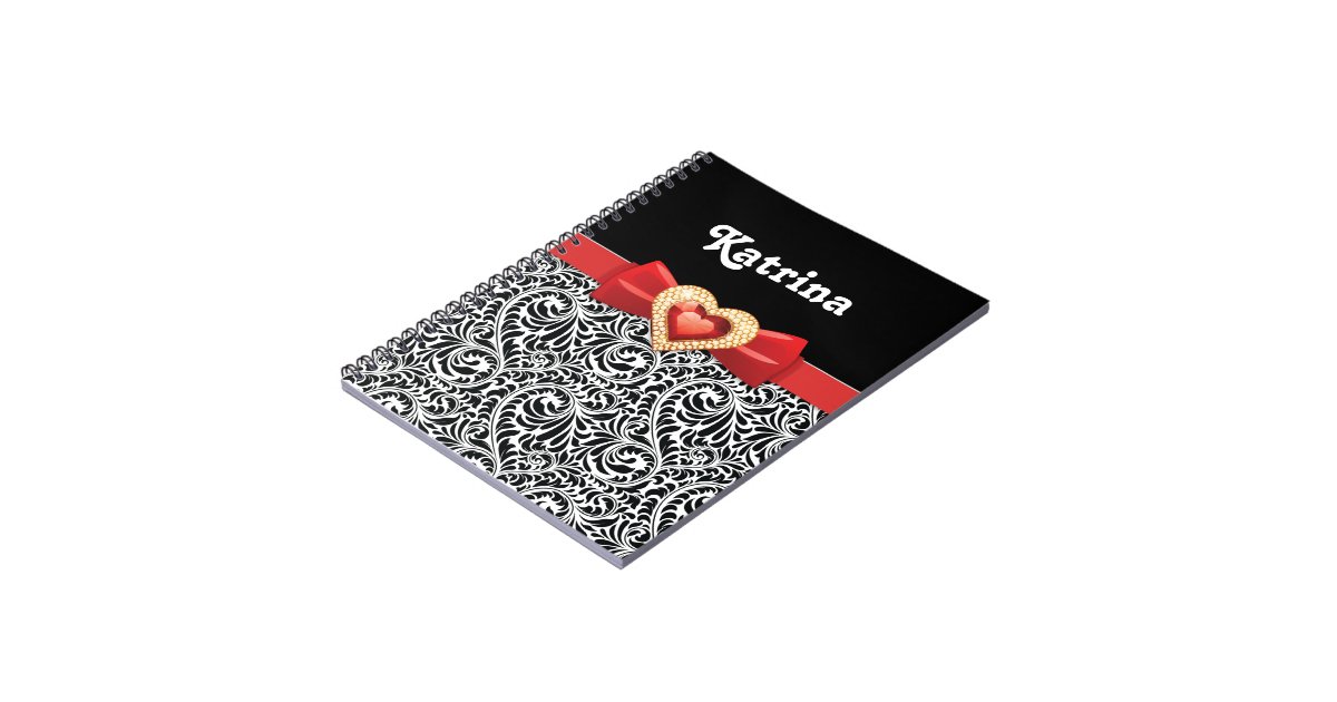 Glamorous Black white damask & red bow and jewel Notebook | Zazzle