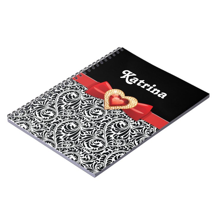 Glamorous Black white damask & red bow and jewel Notebook | Zazzle