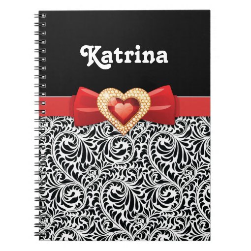 Glamorous Black white damask & red bow and jewel Notebook | Zazzle