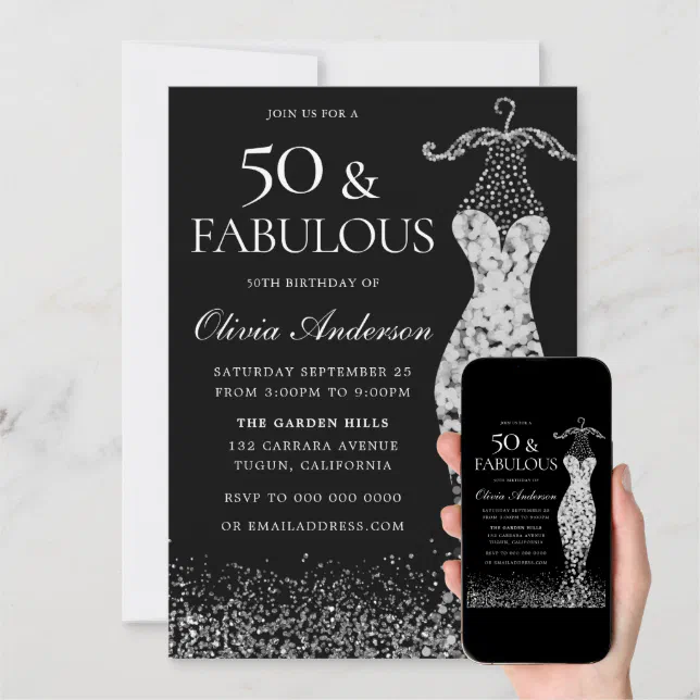 Glamorous Black & White Silver Dress 50th Birthday Invitation | Zazzle
