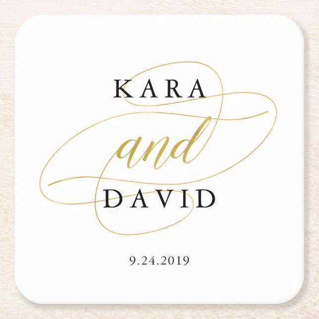 Glamorous Faux Gold Classic Wedding Square Paper Coaster | Zazzle