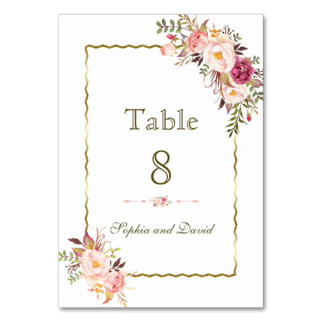 Glamorous Gold Blush Pink Floral Table Number | Zazzle