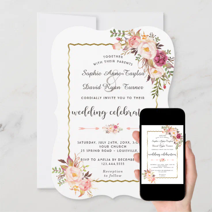 Glamorous Gold Blush Pink Floral Wedding Invitation | Zazzle