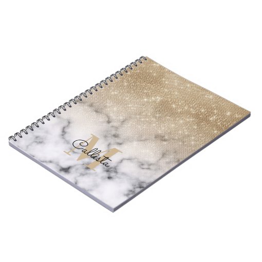Glamorous Gold Glitter White Marble Ombre Monogram Notebook | Zazzle
