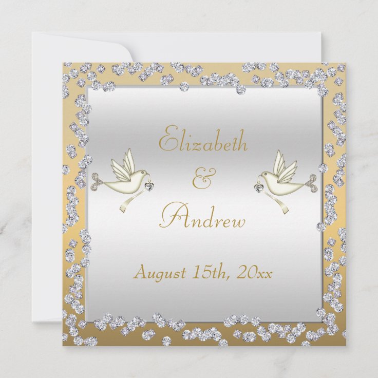 Glamorous Gold & Silver Diamonds & Doves Wedding Invitation | Zazzle
