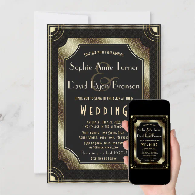 Glamorous Great Gatsby Gold Black Art Deco Wedding Invitation | Zazzle
