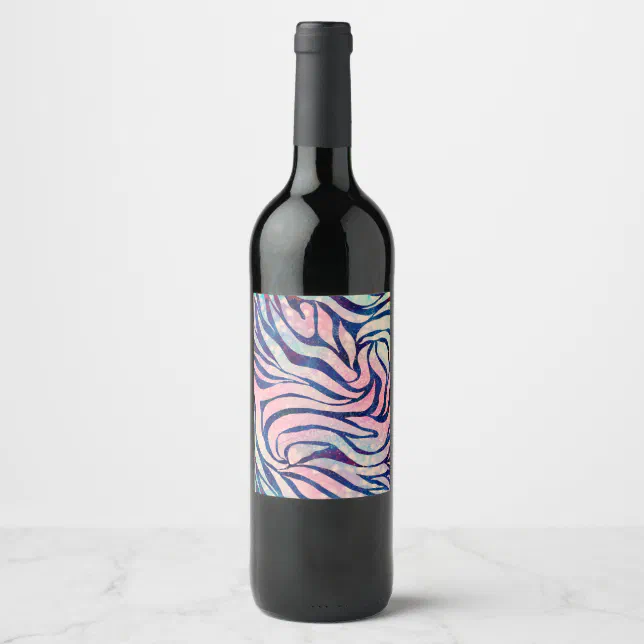 Glamorous Holographic Glitter Blue Zebra Stripes Wine Label | Zazzle