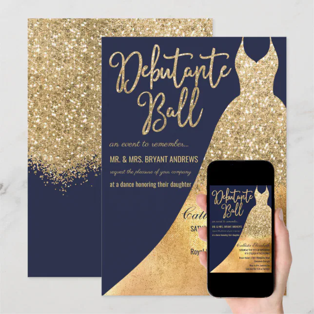 Glamorous Navy Gold Glitter Dress Debutante Dance Invitation | Zazzle