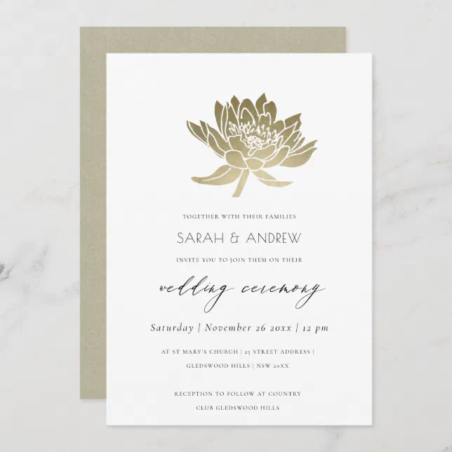 GLAMOROUS PALE GOLD WHITE LOTUS FLORAL WEDDING INVITATION | Zazzle