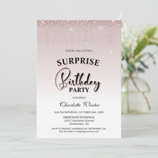 Glamorous Pink Diamonds Surprise Birthday Party Invitation | Zazzle