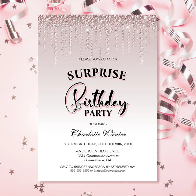 Glamorous Pink Diamonds Surprise Birthday Party Invitation | Zazzle