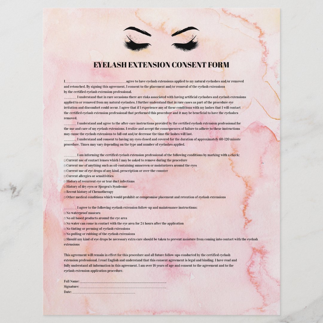 Glamorous pink EYELASH EXTENSION CONSENT FORM Flyer | Zazzle