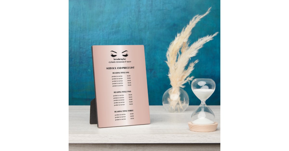 Glamorous rose Gold EYELASH SALON SERVICE LIST Plaque | Zazzle