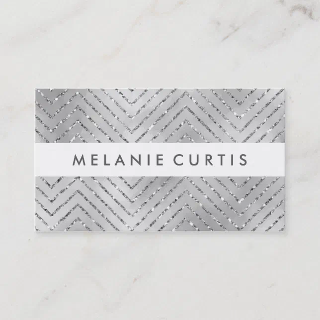 Glamorous Silver Glitter Chevron Business Business Card | Zazzle