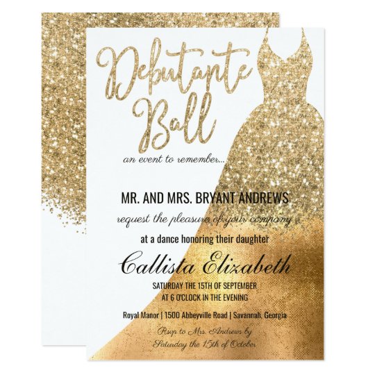 Glamorous White Gold Glitter Dress Debutante Dance Invitation | Zazzle.com