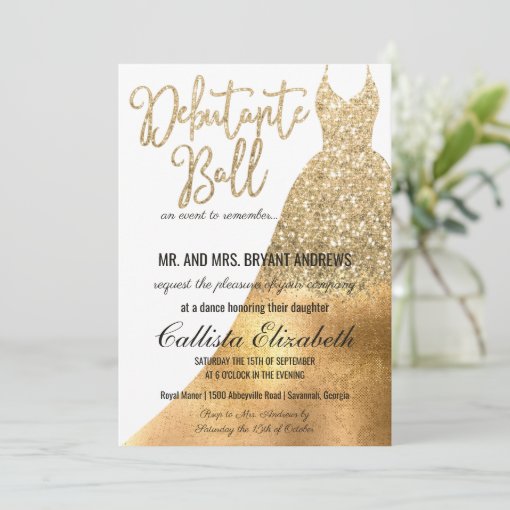 Glamorous White Gold Glitter Dress Debutante Dance Invitation | Zazzle