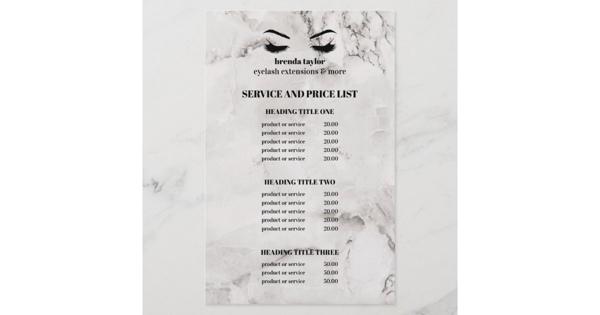 Glamorous white marble EYELASH SALON SERVICE LIST Flyer | Zazzle