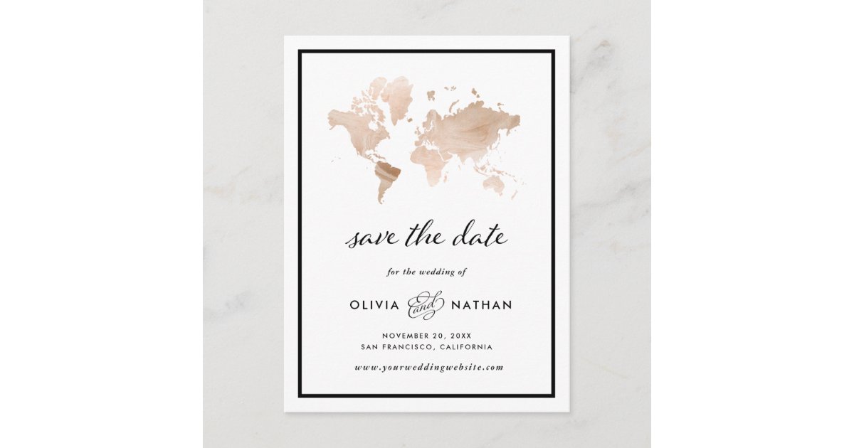 Glamorous World Map | Elegant Travel Save the Date Announcement ...