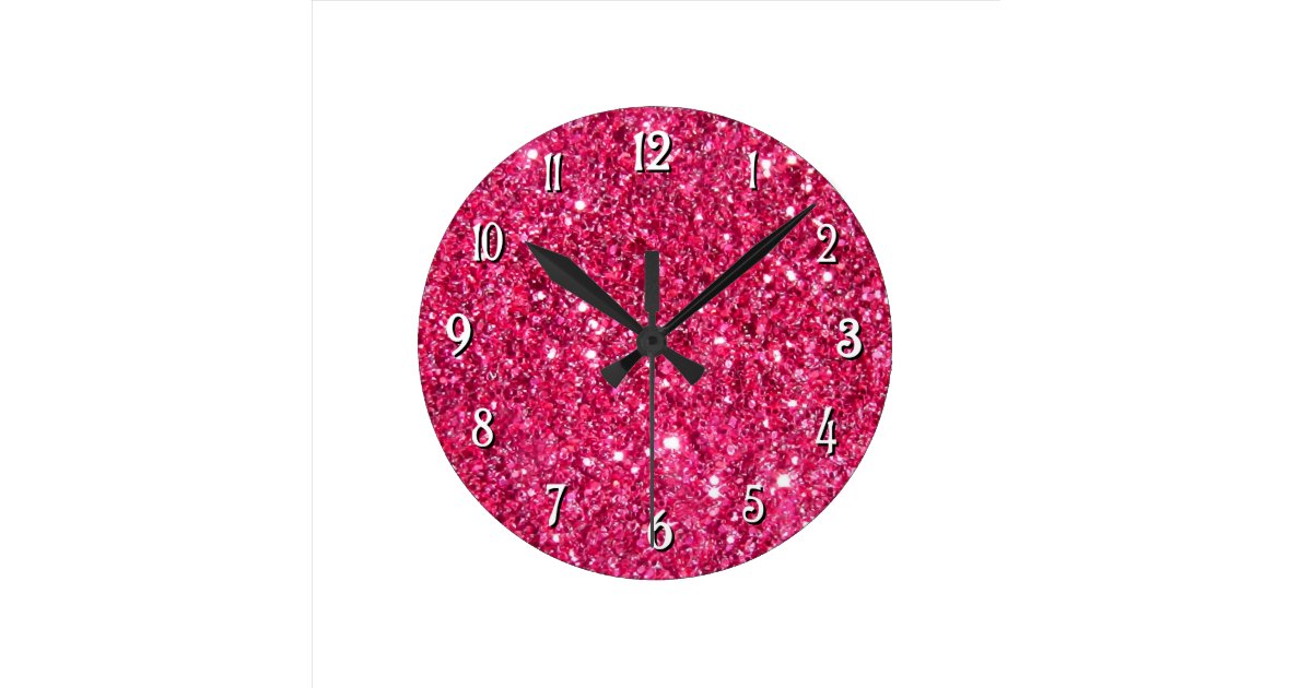 Glamour Hot Pink Glitter Round Clock | Zazzle