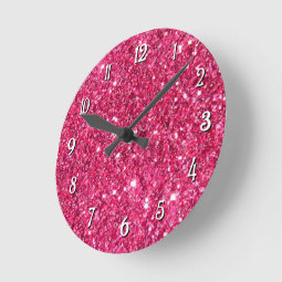 Glamour Hot Pink Glitter Round Clock | Zazzle
