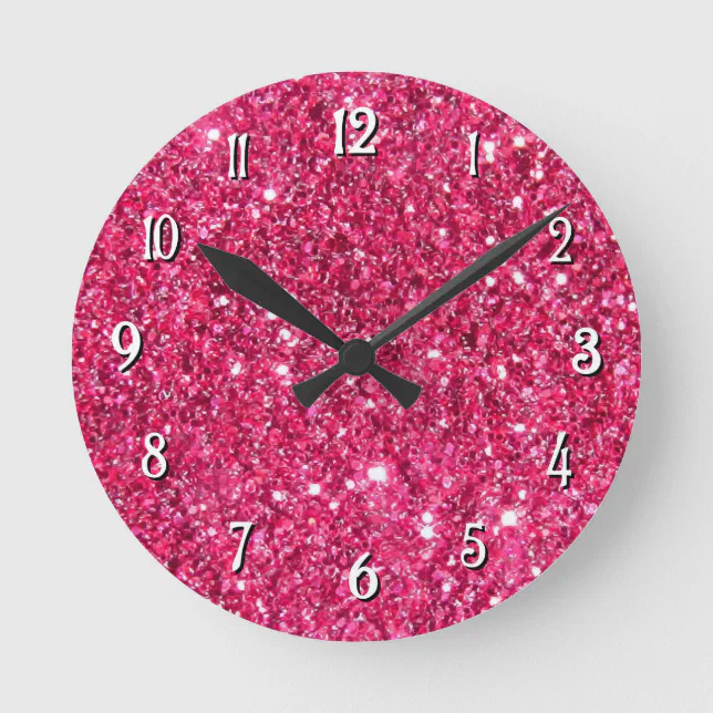 Glamour Hot Pink Glitter Round Clock | Zazzle