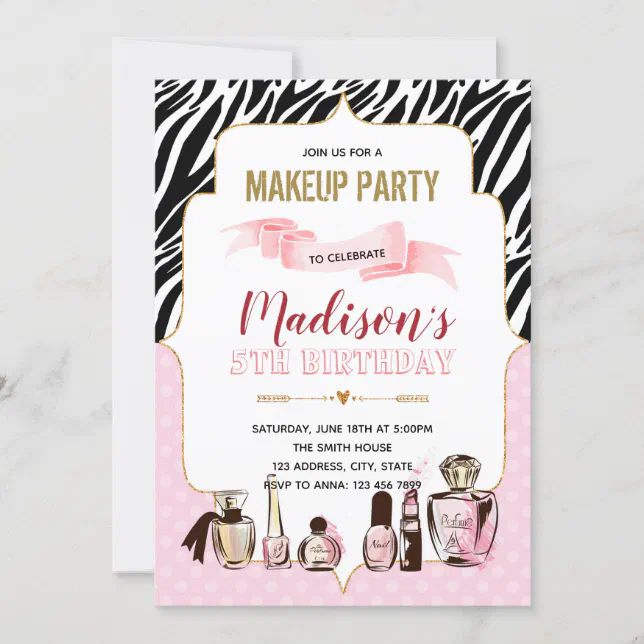 Glamour make up birthday party invitation | Zazzle