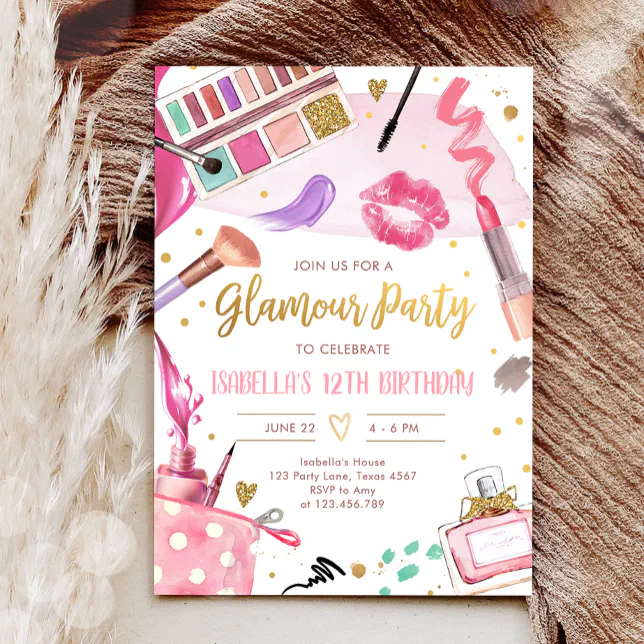 Glamour Party Glitz Glam Spa Girl Makeup Birthday Invitation | Zazzle