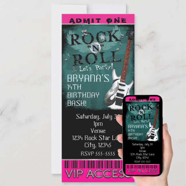 Glamour Rock N Roll Star Birthday Ticket VIP Party Invitation | Zazzle