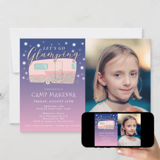 Glamping Birthday Party Bedazzled Photo Invitation | Zazzle