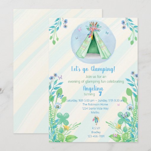 Glamping Camping Green Tent Sleepover Outdoors Invitation | Zazzle