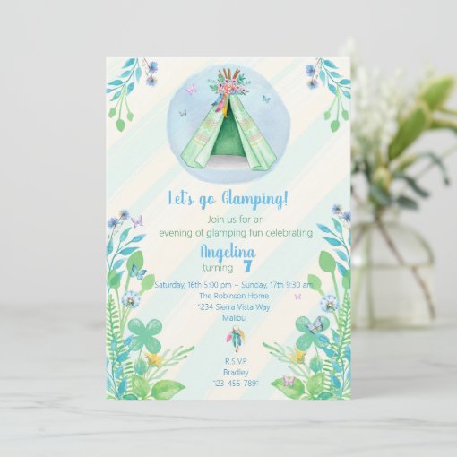 Glamping Camping Green Tent Sleepover Outdoors Invitation | Zazzle