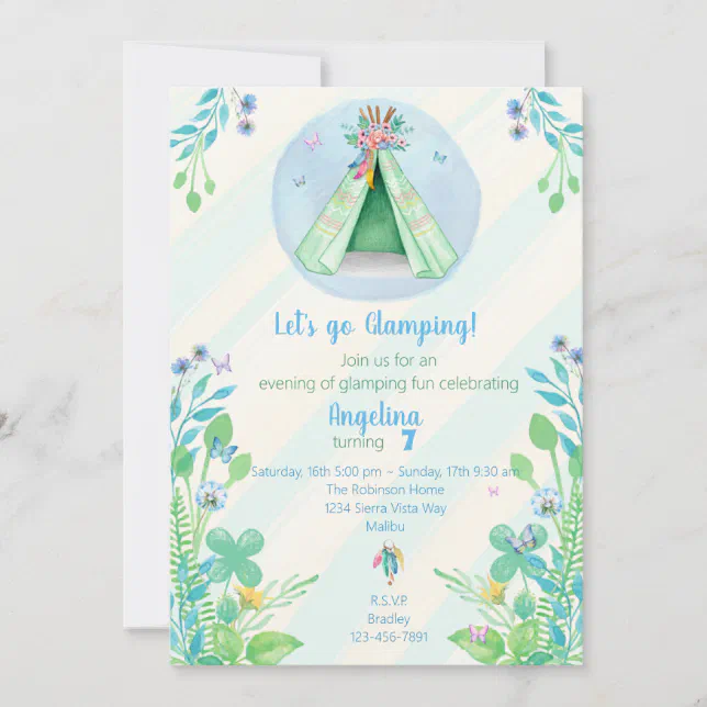 Glamping Camping Green Tent Sleepover Outdoors Invitation | Zazzle