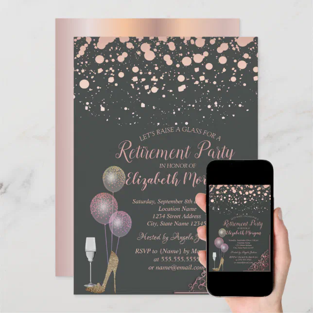 Glass Balloons Glitter Heels Rose Gold Retirement Invitation | Zazzle