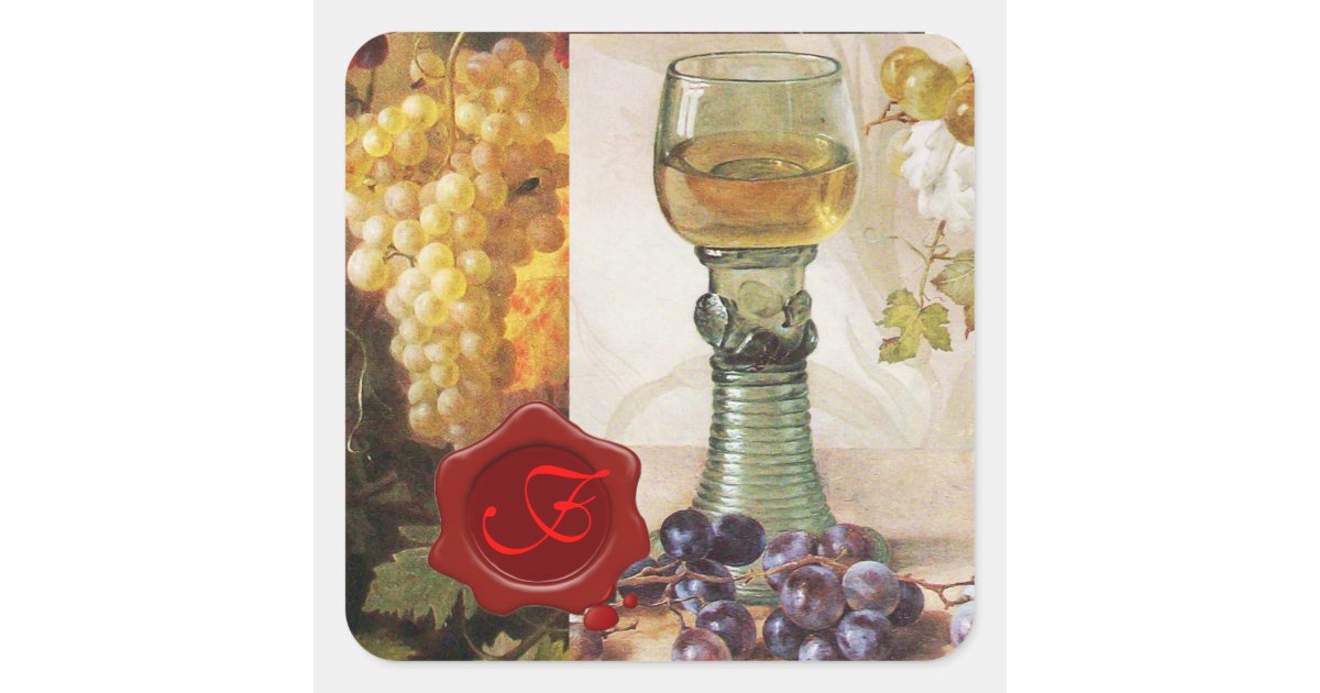 GLASS OF WINE ,OLD GRAPE VINEYARD PARTY MONOGRAM SQUARE STICKER | Zazzle