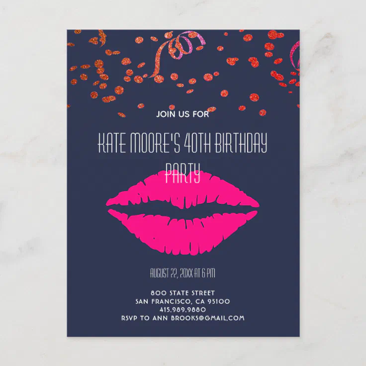 Glitter And Glam Confetti & Lips On Black Invitation Postcard | Zazzle