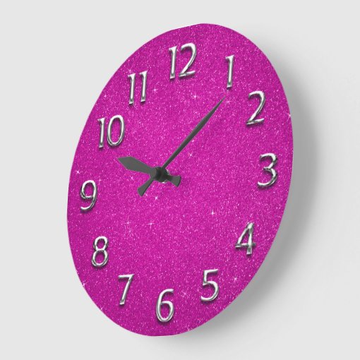 Glitter Arabic Numbers Gray Fuchsia Pink Spark Large Clock | Zazzle