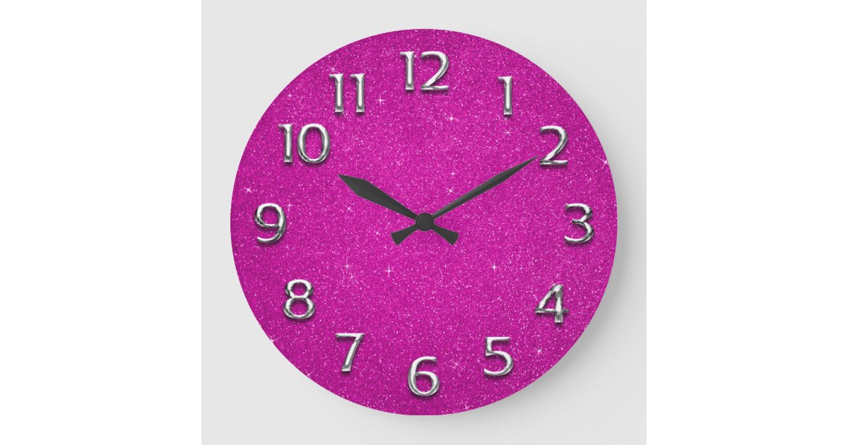 Glitter Arabic Numbers Gray Fuchsia Pink Spark Large Clock | Zazzle