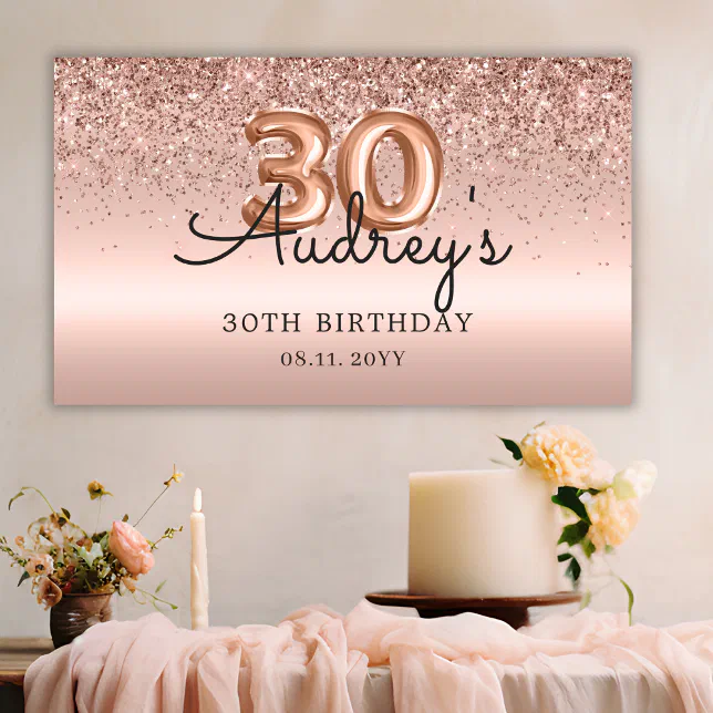 Glitter Balloon Rose Gold 30th Birthday Monogram Banner | Zazzle