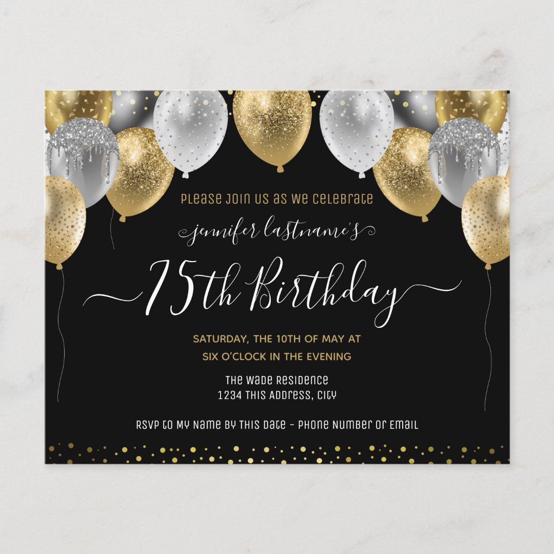 Glitter Balloons 75th Birthday Party Invitation | Zazzle