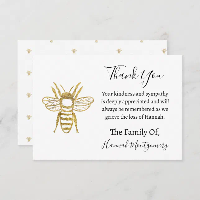 Glitter Bee Funeral Sympathy Thank You Note Card | Zazzle