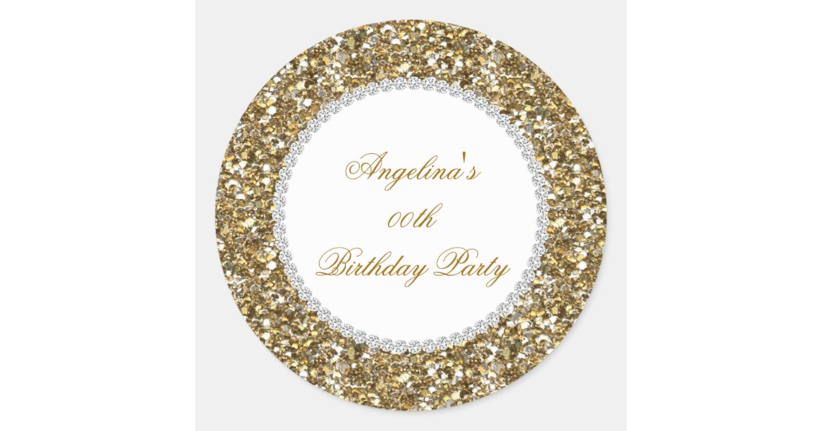 Glitter Birthday Party Gold Diamond Trim Any Age Classic Round Sticker ...