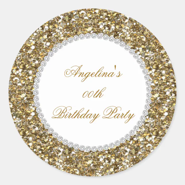Glitter Birthday Party Gold Diamond Trim Any Age Classic Round Sticker ...