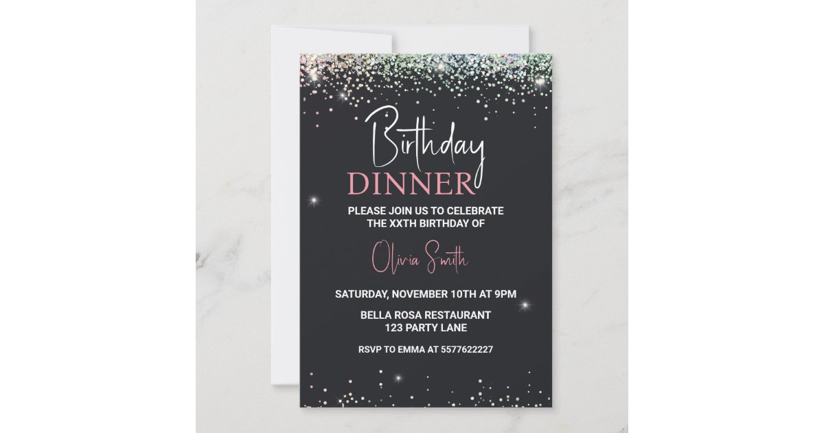 Glitter Black Sparkle Birthday Dinner Invitation | Zazzle